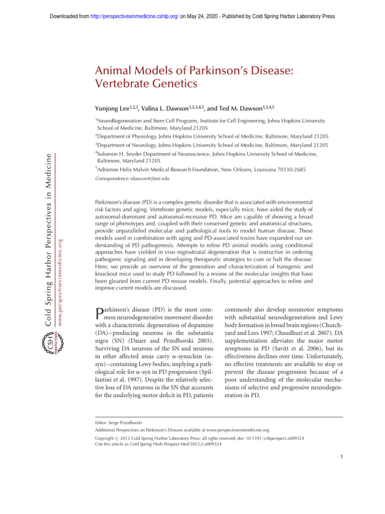 Animal Models of Parkinsons Disease Vert | PDF