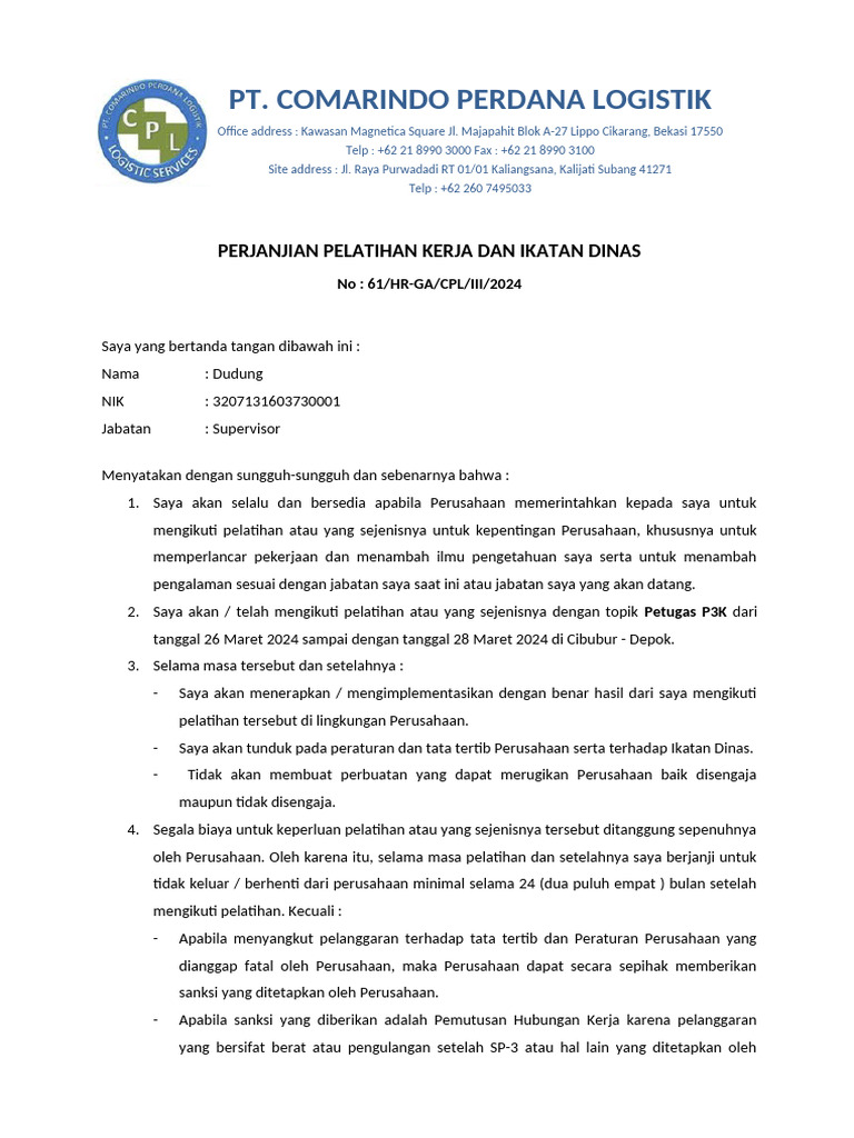 Perjanjian Ikatan Dinas Dudung Pdf