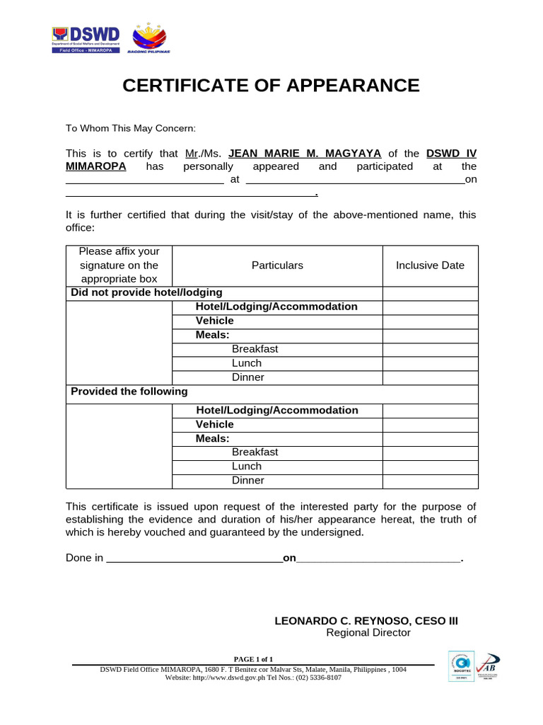 Certificate of Appearance New Template | PDF