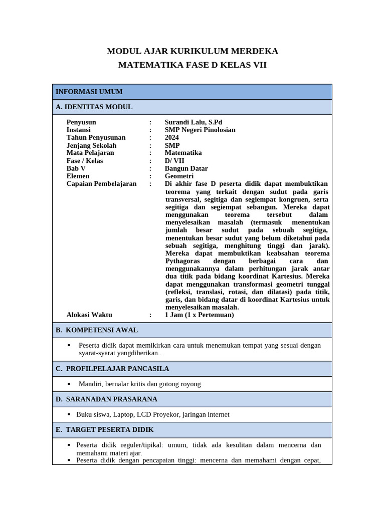 Modul Ajar Matematika Kelas 7 SMTR Genap Tp. 2023-2024 | PDF