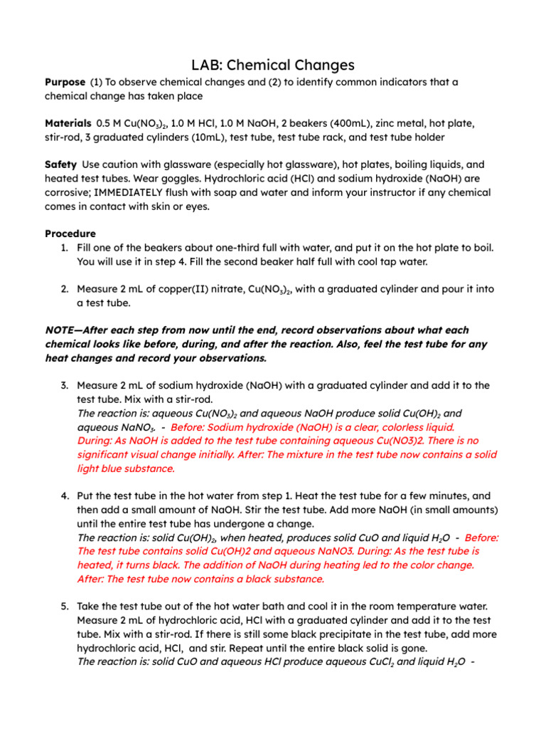 Lab - Chemical Changes (Procedure - Data) | PDF