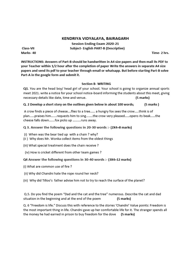 Class 7th Eng Final Paper 2021 | PDF