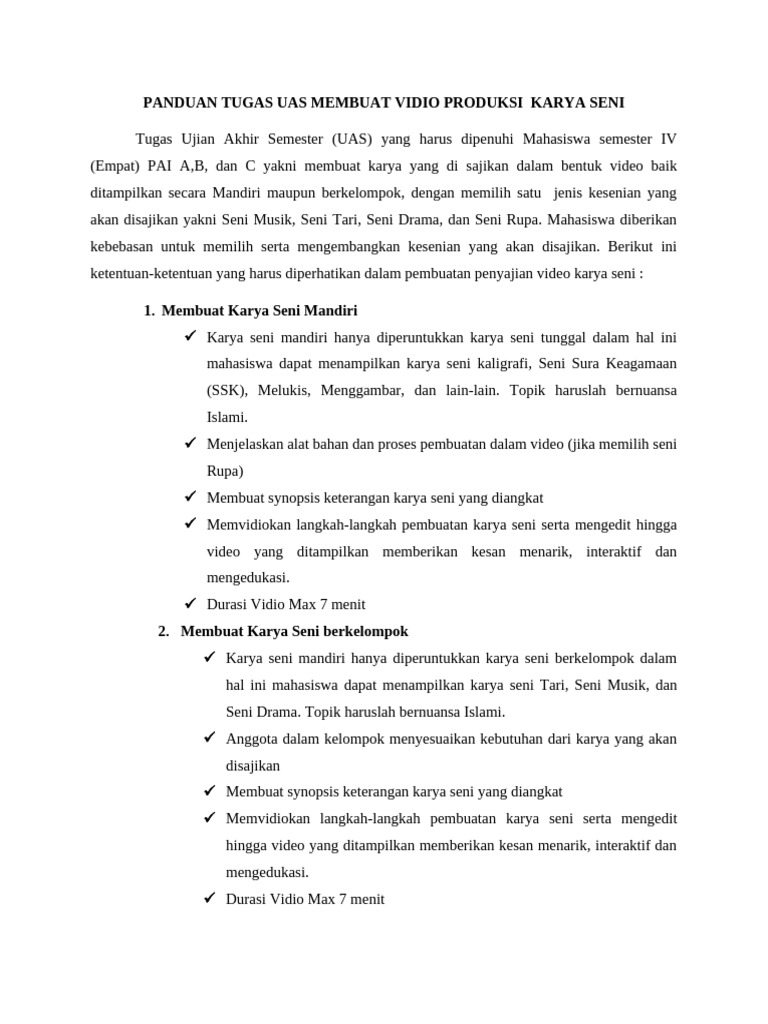 Panduan Tugas Uas Membuat Vidio Produksi Karya Seni | PDF