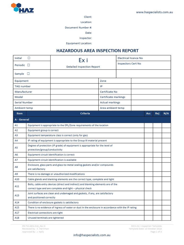 PR TM GEN 018 Rev.0 EEHA Ex I Inspection Sheets Template | PDF ...
