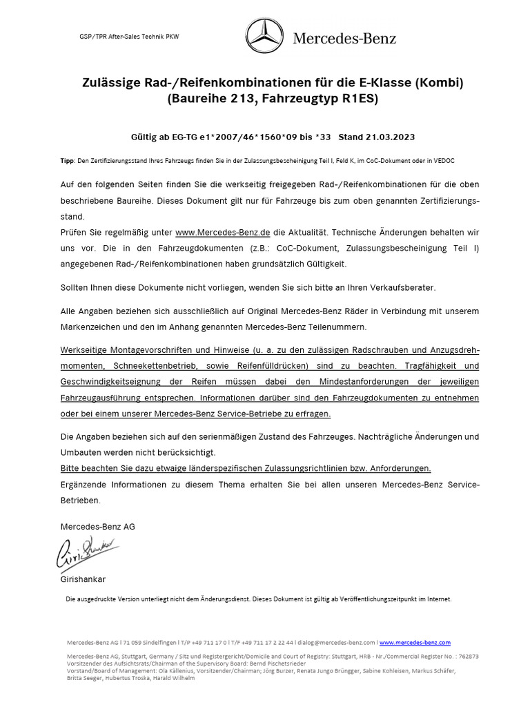 Zulässige Rad-/Reifenkombinationen Für Die E-Klasse (Kombi) (Baureihe ...