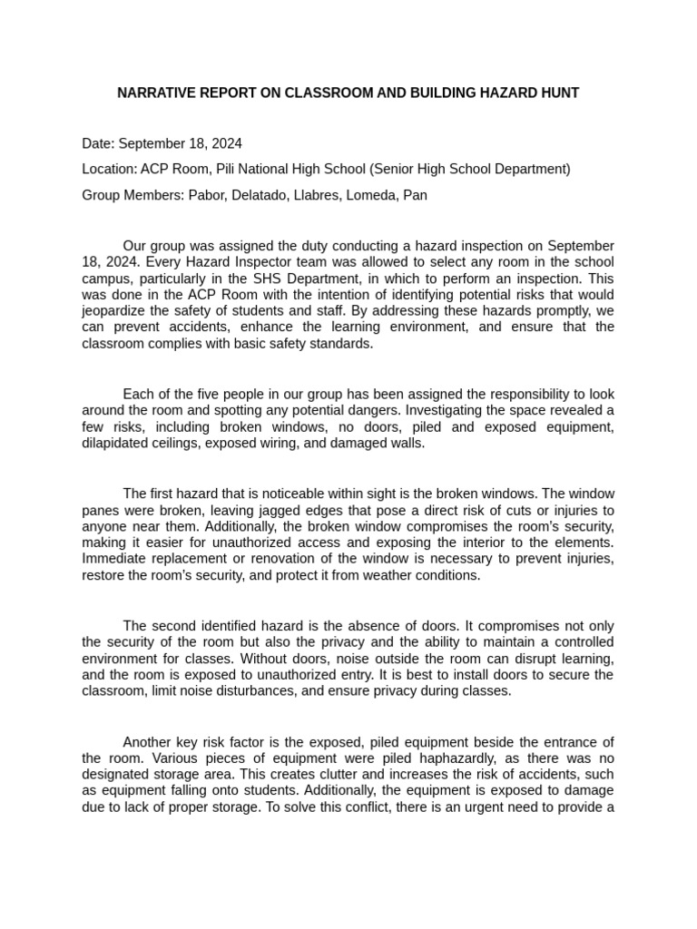 Narrative Report On Classroom and Building Hazard Hunt | PDF