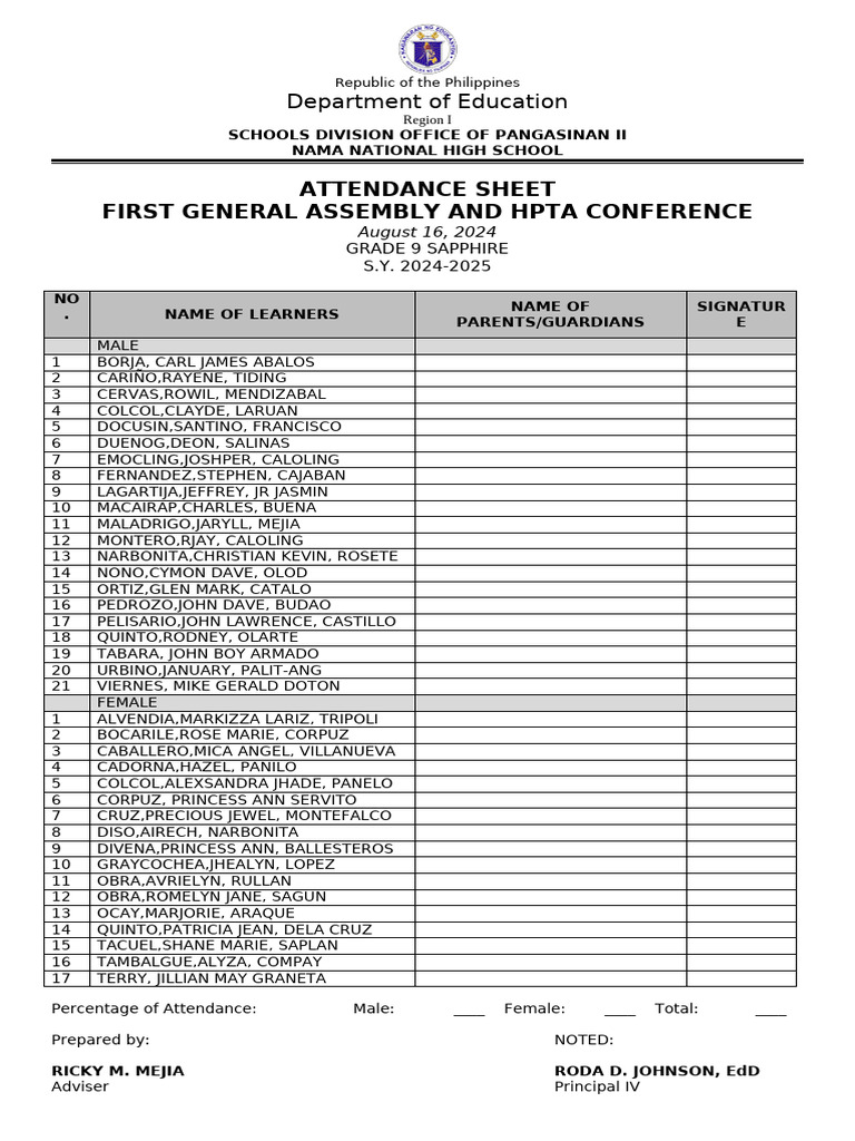 Attendance Sheet 2024-2025 | PDF