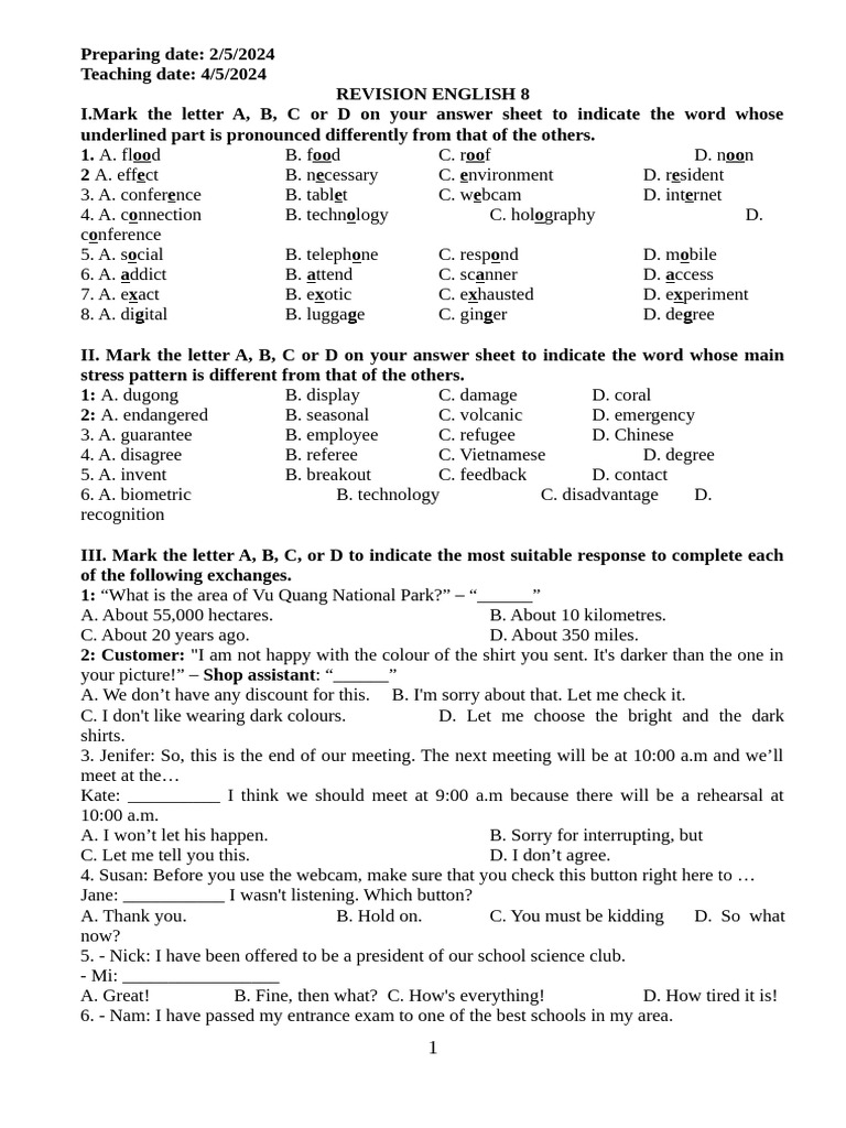 De Cuong On Tap HK-2 - Môn Anh 8 | PDF