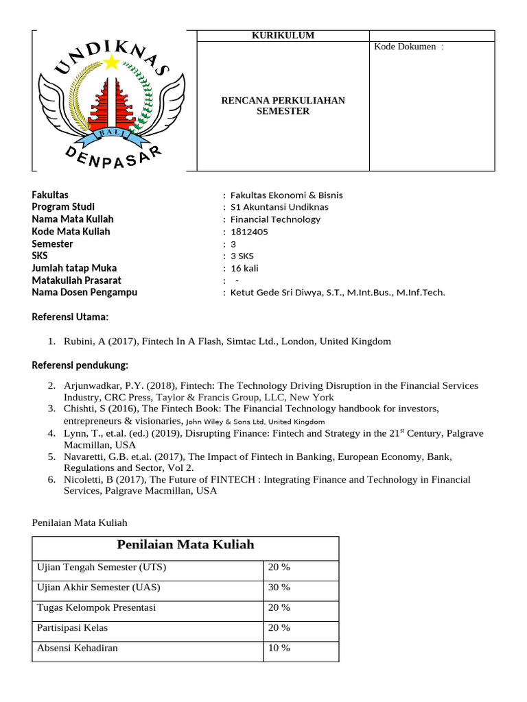 Rencana Perkuliahan Semester (Fintech) Ganjil 2022 | PDF