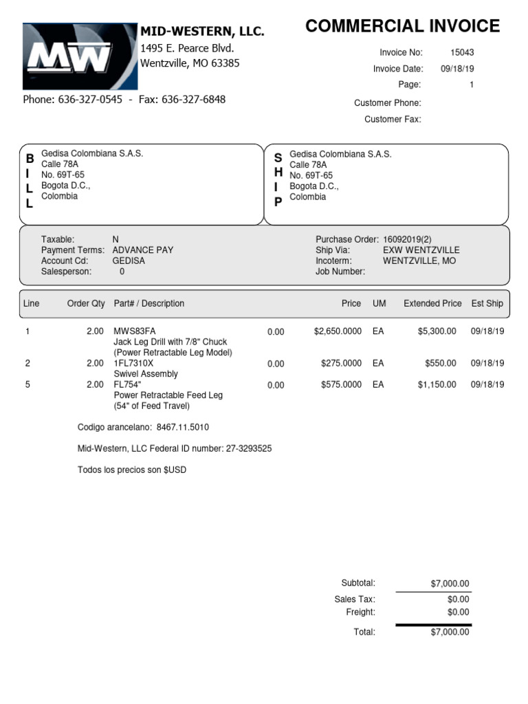 Mid-Western, LLC Commerical Invoice 15043 (Gedisa Colombiana SAS) | PDF ...