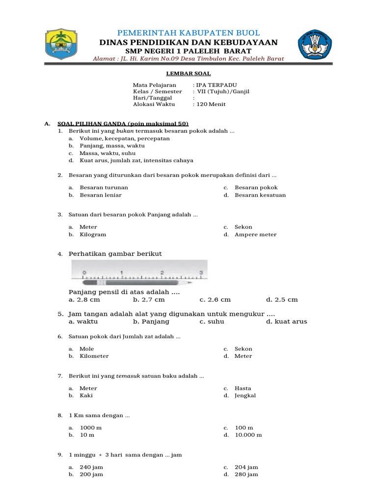 Soal Ipa Kls 7 Semester Ganjil 2023-2024 | PDF