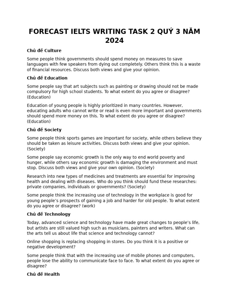 Forecast Ielts Writing Task 2 Quý 3 Năm 2024 | PDF