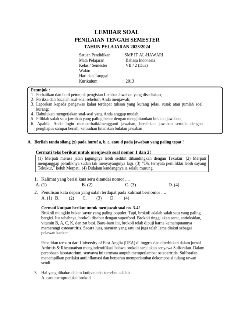 Soal PTS 2 B.indonesia Kelas Vii K13 | PDF
