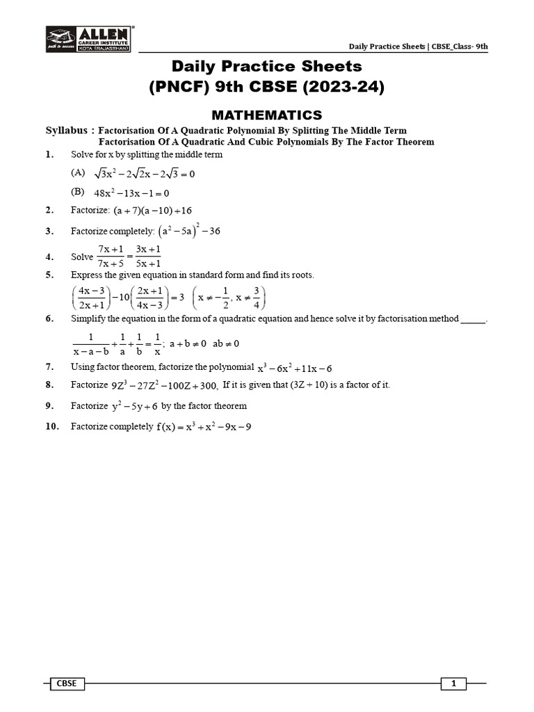 SC - DPS - (PNCF) P-1&2 9th Class - CBSE - Mathematics-408 | PDF