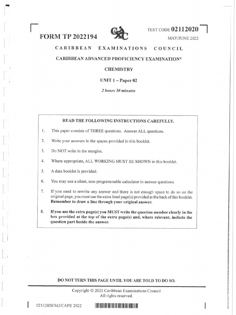 CSEC Chemistry Past Pepers Till 2022 | PDF