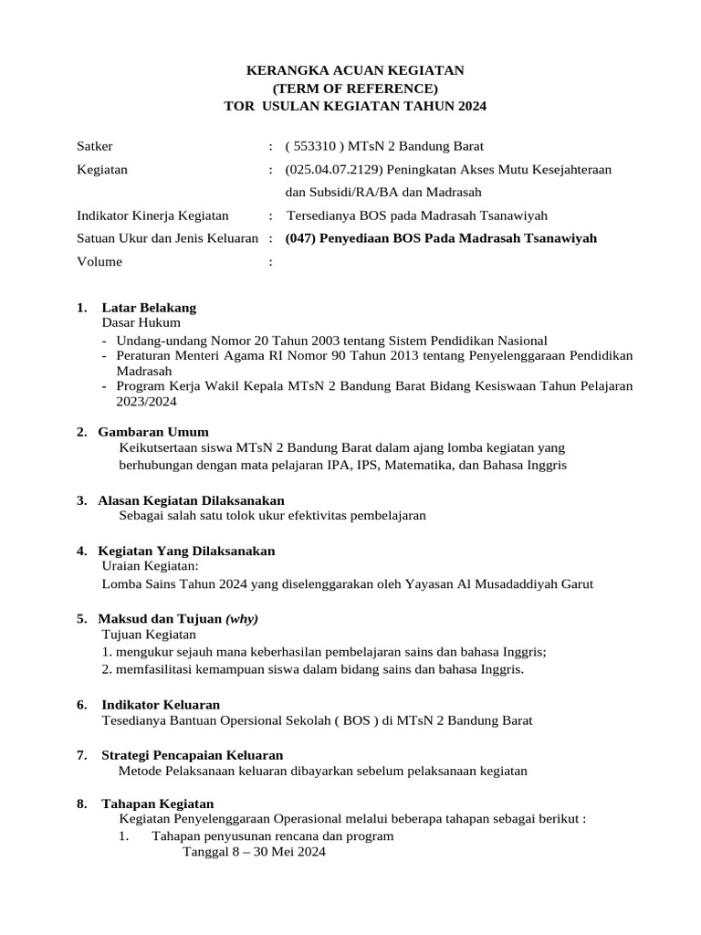 TOR Kegiatan BOS MTsN 2 Bandung Barat | PDF
