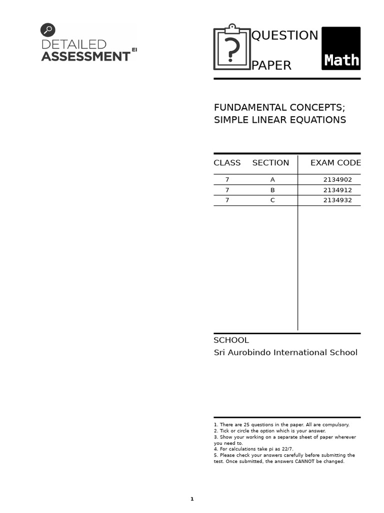 Fundamental Concepts Simple Linear Equations: Class Section Exam Code | PDF