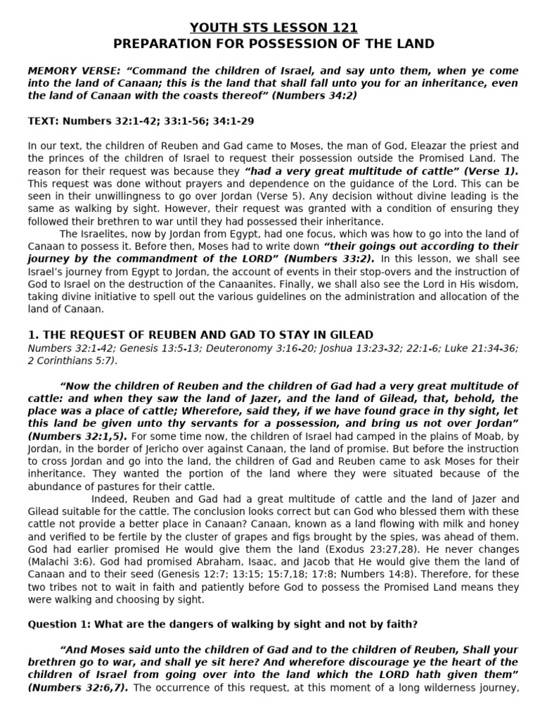 Youth STS Lesson 121 - Preparation For Possession of The Land | PDF