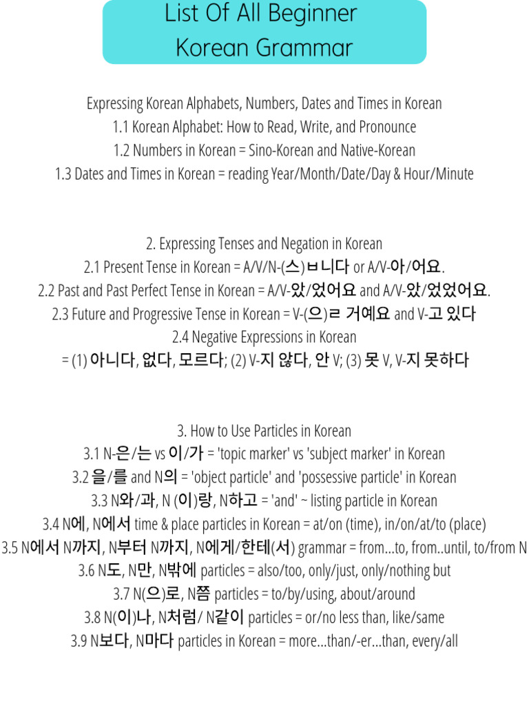 List of All Beginner Korean Grammar | PDF