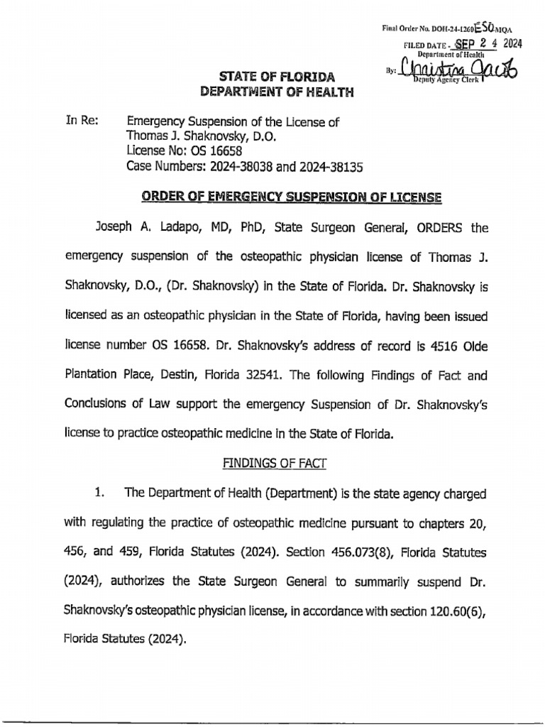 Order of Emergency Suspension of License: Thomas Shaknovsky | PDF