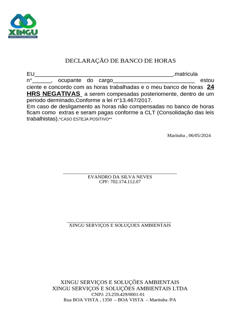 Declaração de Hora Extra | PDF