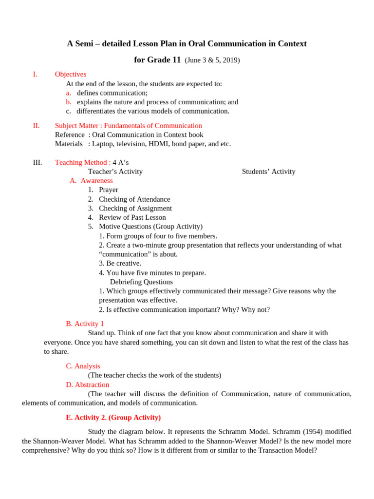A Semi-Detailed Lesson Plan in Oral Communication SESSION 1 | PDF ...