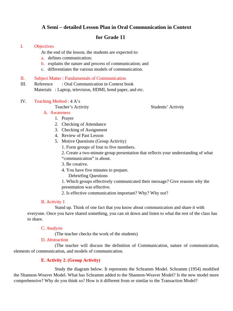 Grade 11 Oral Communication Lesson Plan | PDF | Communication ...