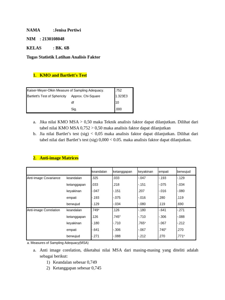 Analisis Faktor: KMO, MSA, dan Variabel | PDF