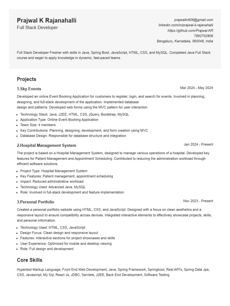 Prajwal - Fresher - Full Stack Developer - 2023 | PDF