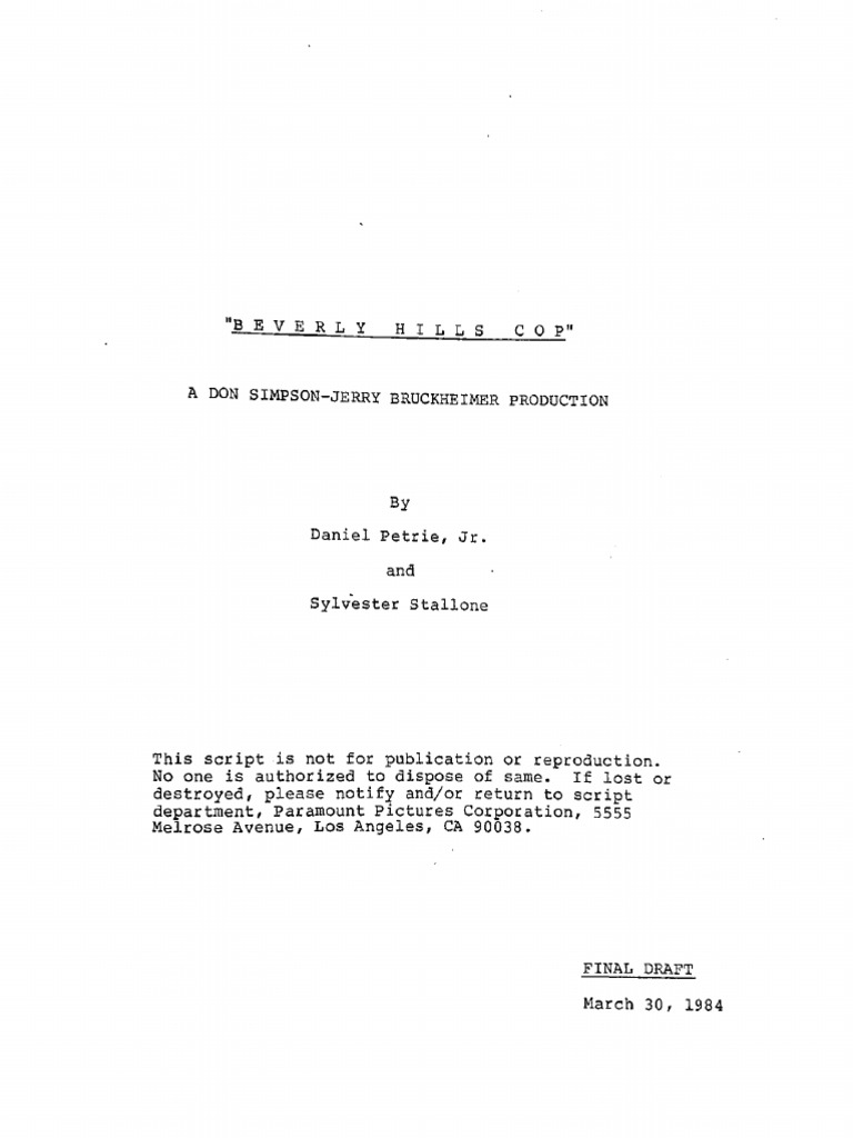 BEVERLY HILLS COP (1984) by Daniel Petrie, JR and Sylvester Stallone | PDF