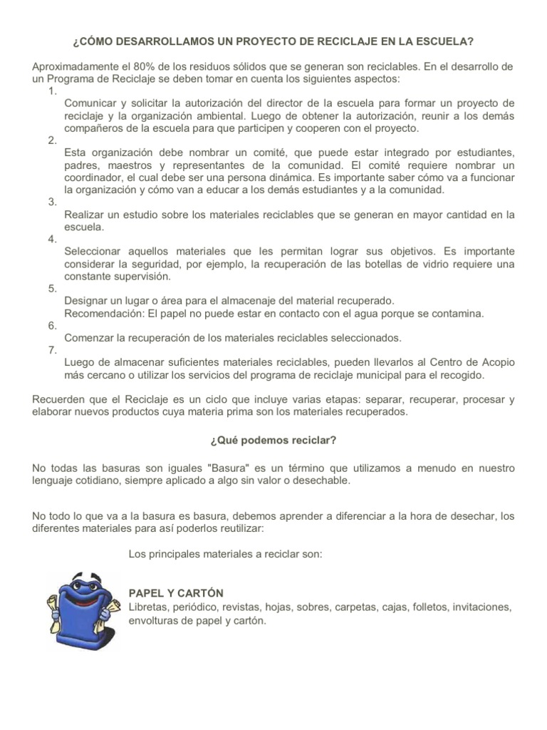 Cómo Desarrollamos Un Proyecto De Reciclaje En La Escuela Pdf