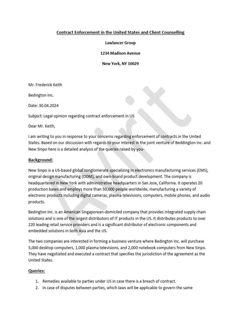 Contract Enforcement in US and Client Counselling 1 | PDF