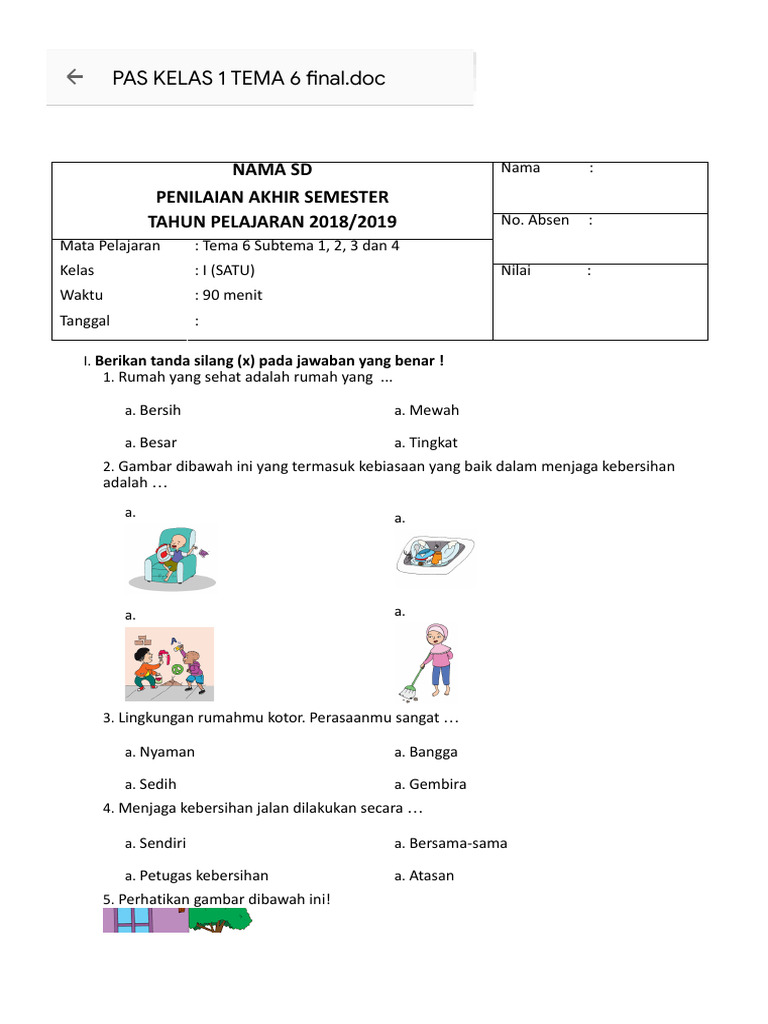 Pas Kelas 1 Tema 6 Final | PDF