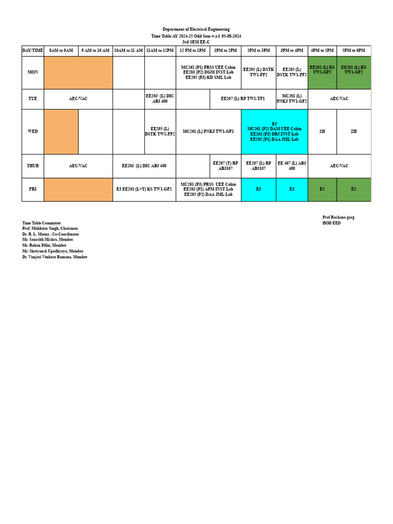 TIME TABLE WORKSHEET ODD SEM (AUG-DEC 2024) - Google Sheets | PDF