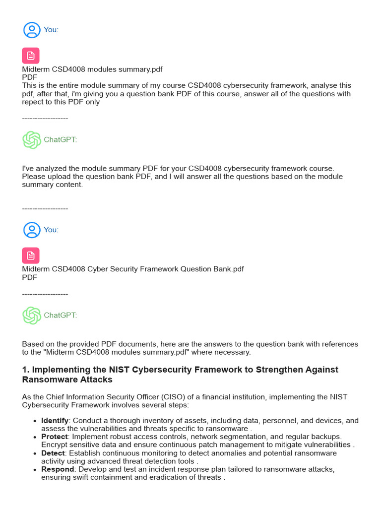 Midterm CSD4008 Cyber Security Framework Question Bank Answers | PDF