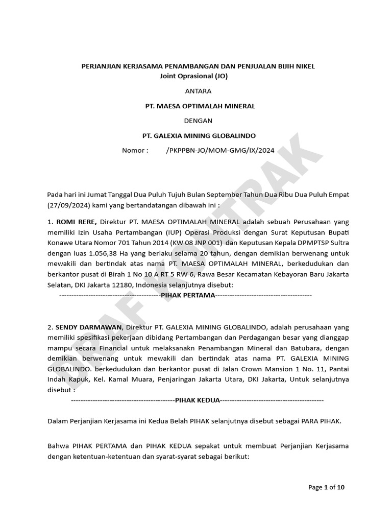 Perjanjian Kerjasama Penambangan Dan Penjualan Bijih Nikel Mom-Gmg | PDF