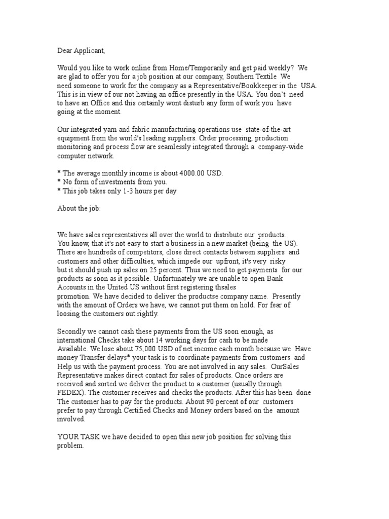 Dear Applicant | PDF | Wire Transfer | Payments