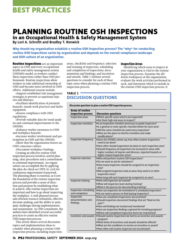 Planning Routine OSH Inspections 1727436781 | PDF | Occupational Safety And Health ...
