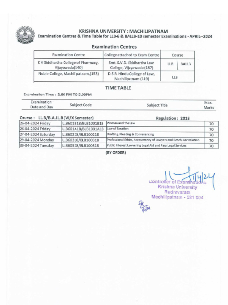 LLB 6 and BALLB 10 Semester Examinations April 2024 TT and Exam Centers | PDF