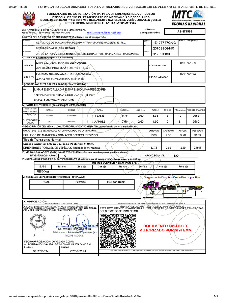 Carga Suelta - Formulario de Autorización para La Circulación de ...