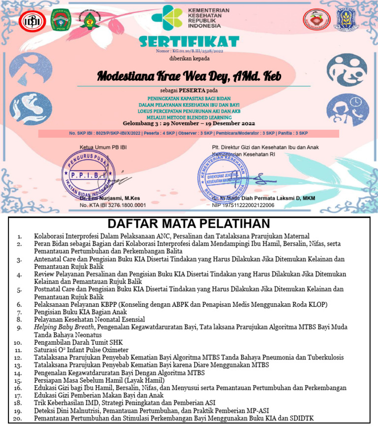 Sertifikat BL Bidan Gel 3 - Modestiana Krae Wea Dey, AMd. Keb | PDF