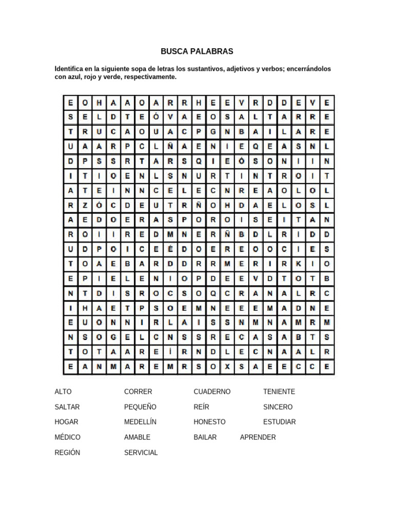 06 Sopas de Letras - Sustantivos Adjetivos Verbos Adverbios | PDF
