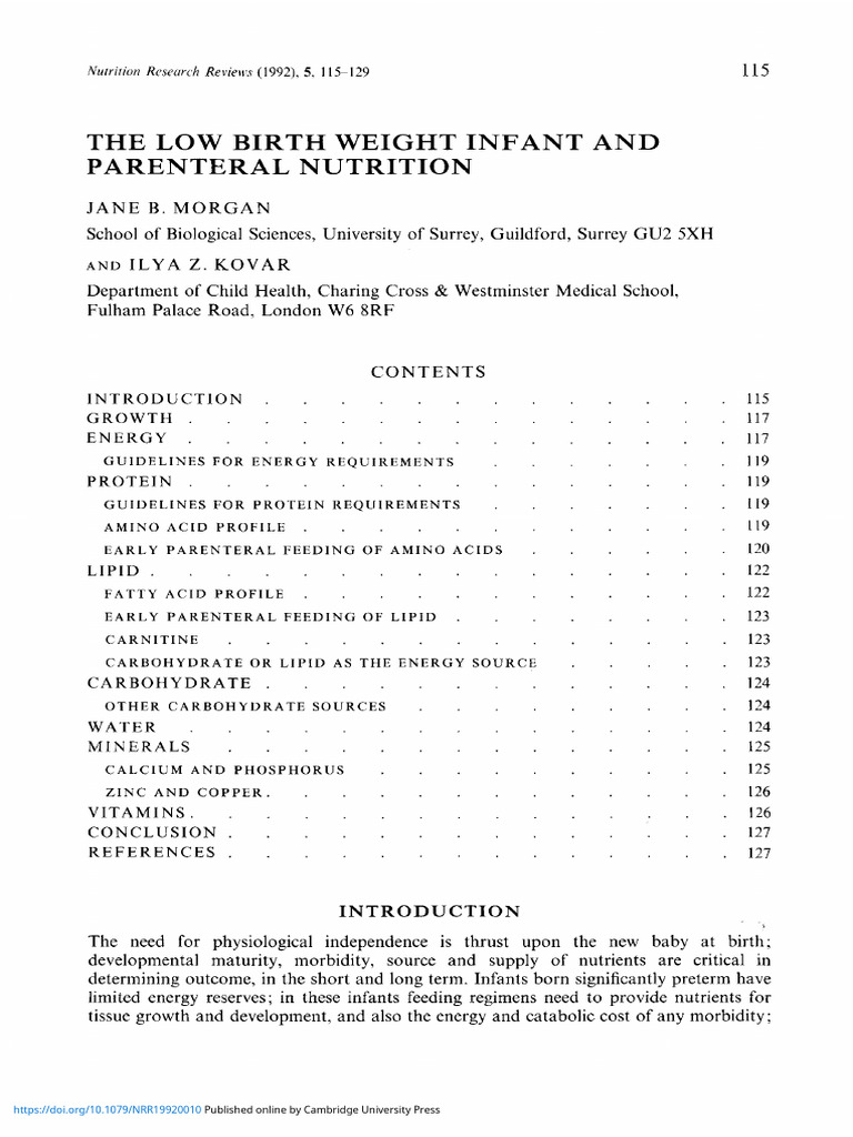 The Low Birth Weight Infant and Parenteral Nutrition | PDF