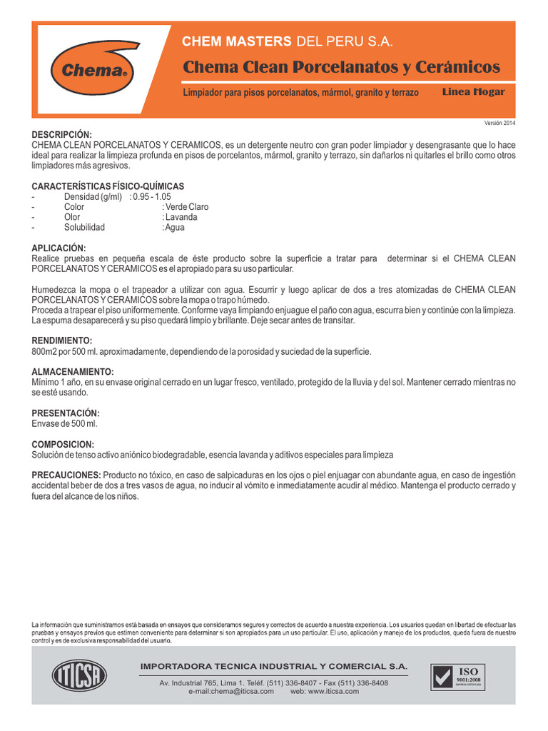 CHEMA CLEAN PORCELANATOS LINEA HOGAR - 500 ML | PDF