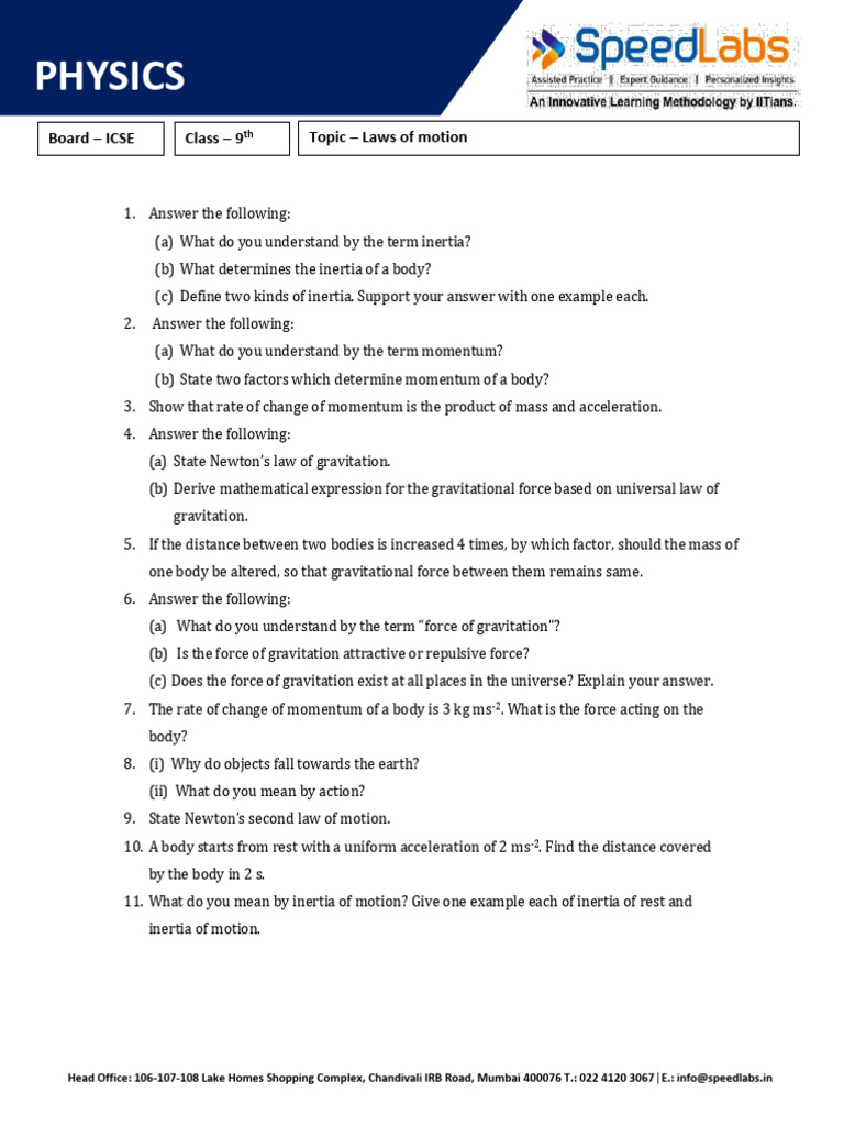 Laws of Motion Important Qs Important Questions ICSE 809eb594 Ad10 435b 8db3 A587e3af9767 | PDF
