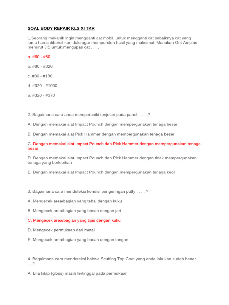 Soal Soal Body Repair 2023 | PDF