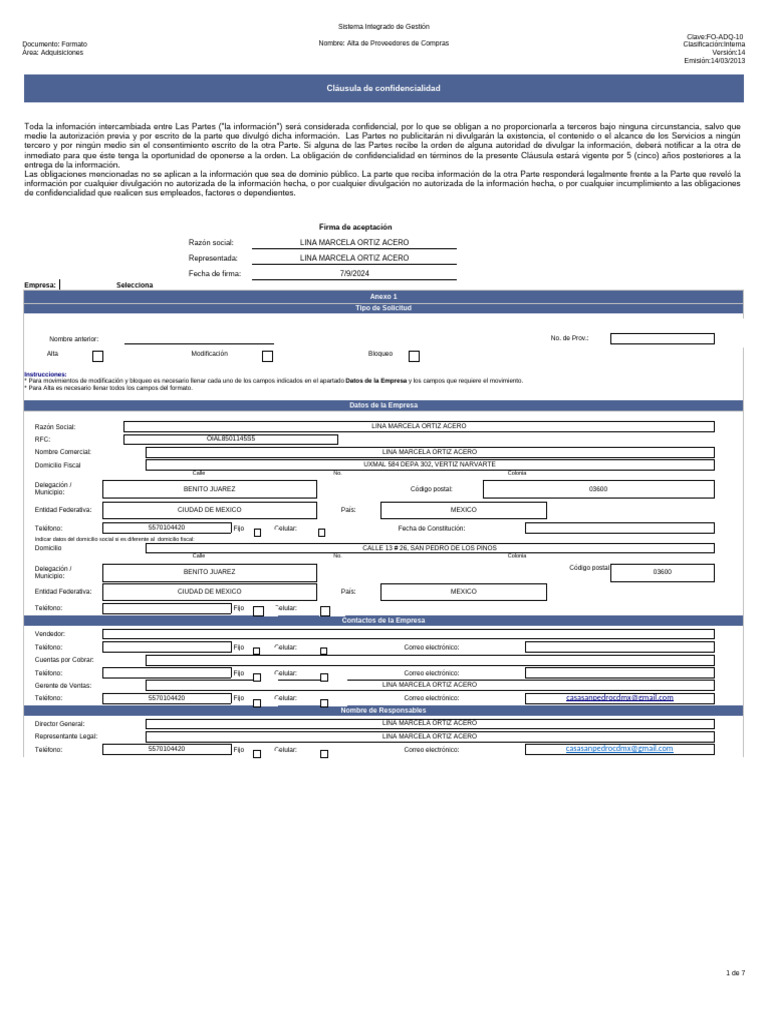 FO-ADQ-10 Alta de Proveedor de Compras Ver.14-1 | PDF