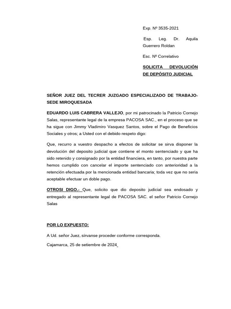 Solicita Devolucion de Deposito Judicial | PDF