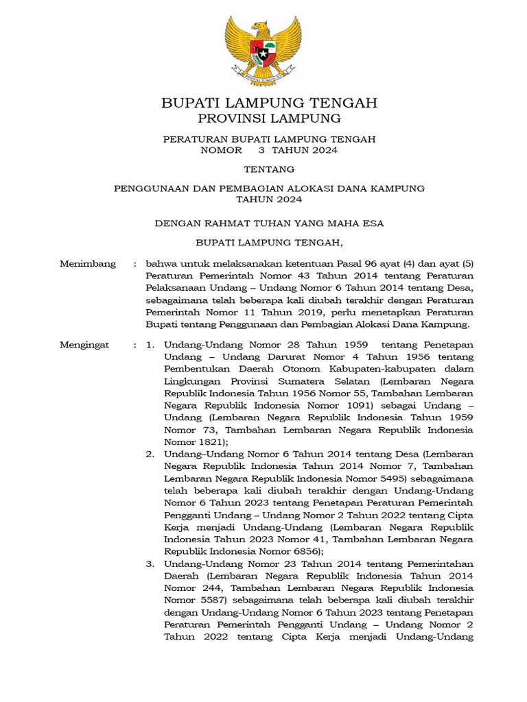 Perbup No. 3 Tahun 2024 TTG Tata Cara Pengalokasian ADK 2024 - 662a00cfd2b08 | PDF
