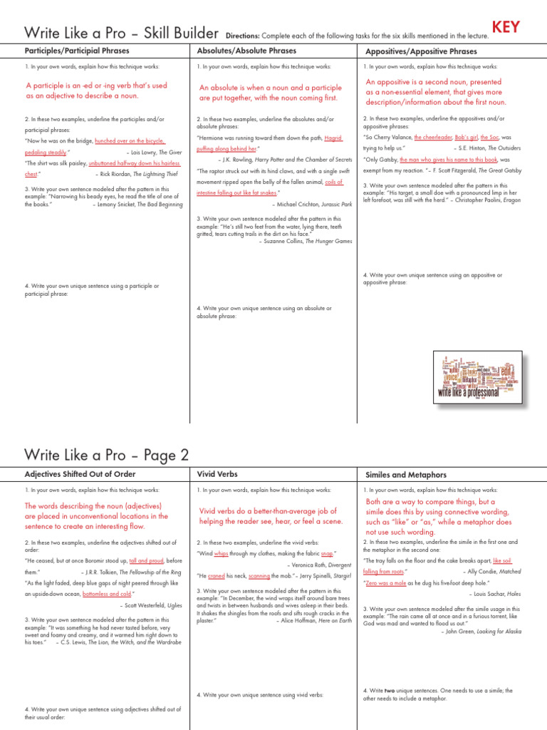 4 Write Like APro Handout Answer Key | PDF